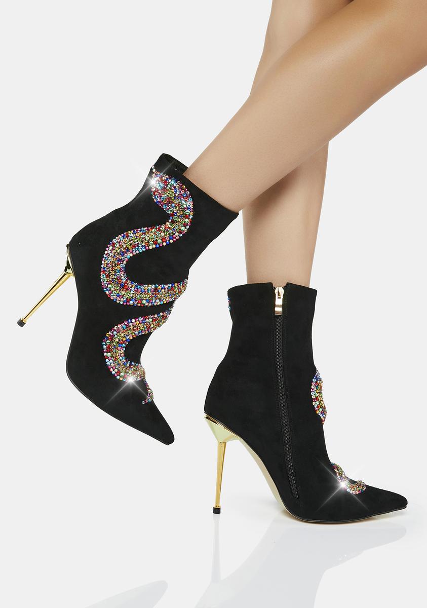 AZALEA WANG Rhinestone Gem Snake Design Heeled Booties - Black – Dolls Kill