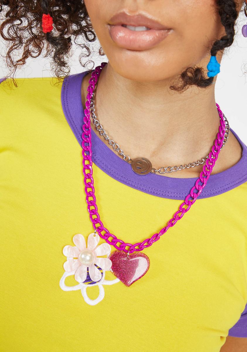 Layered Chain Necklace With Flower And Glitter Heart Charms - Silver ...