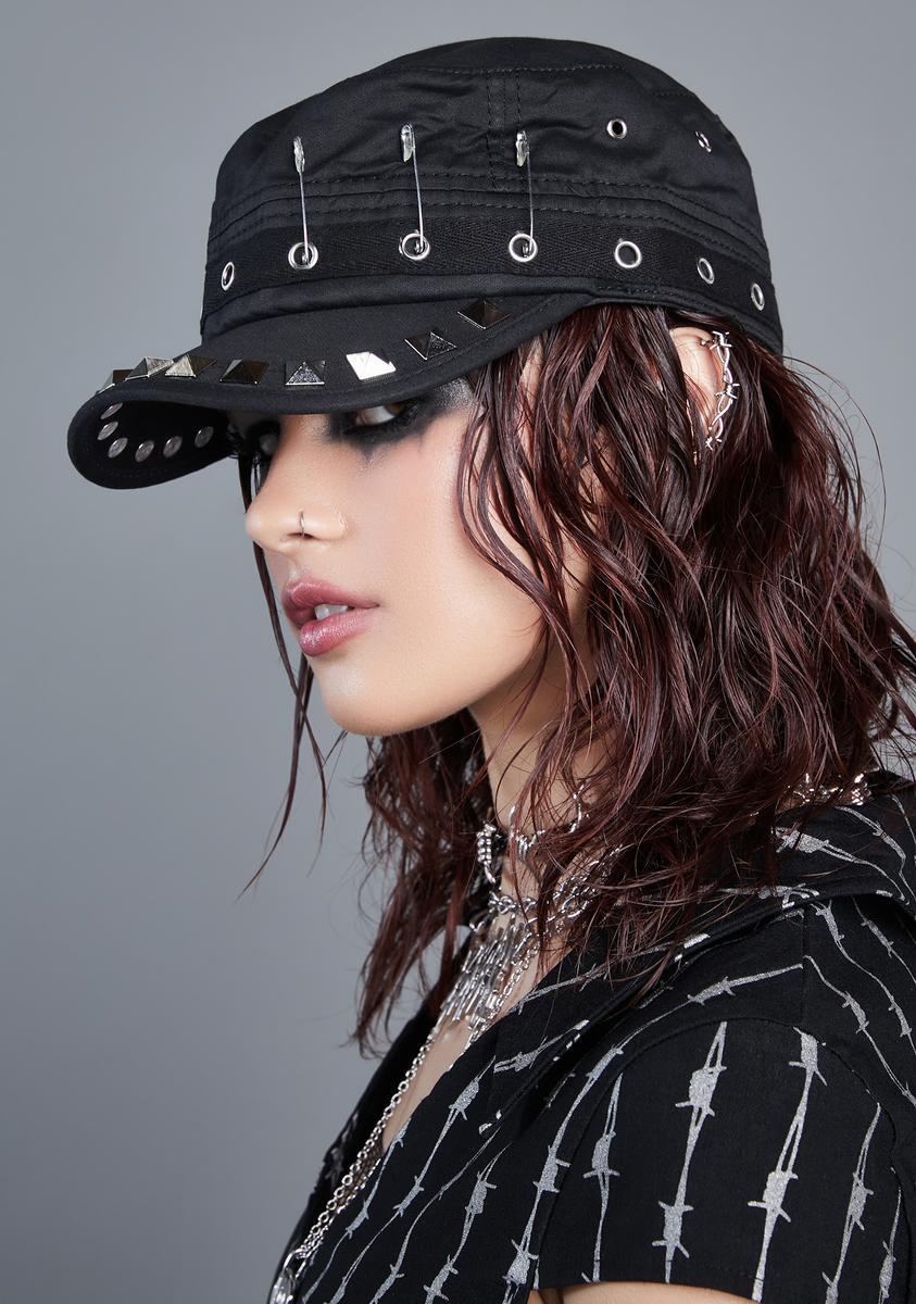 Widow Safety Pin Studded Canvas Cadet Hat - Black – Dolls Kill