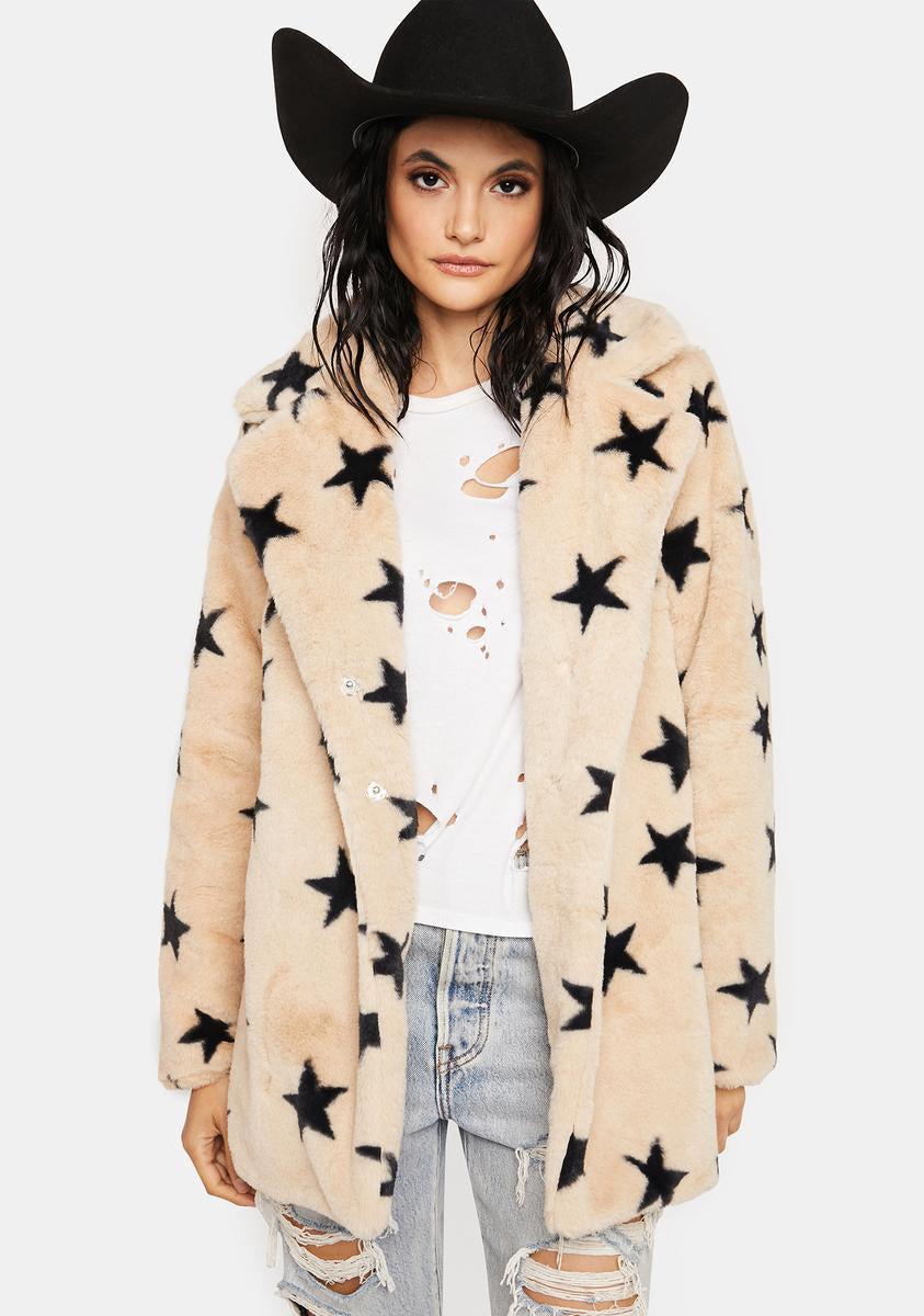 Faux Fur Star Print Coat - Tan/Black – Dolls Kill