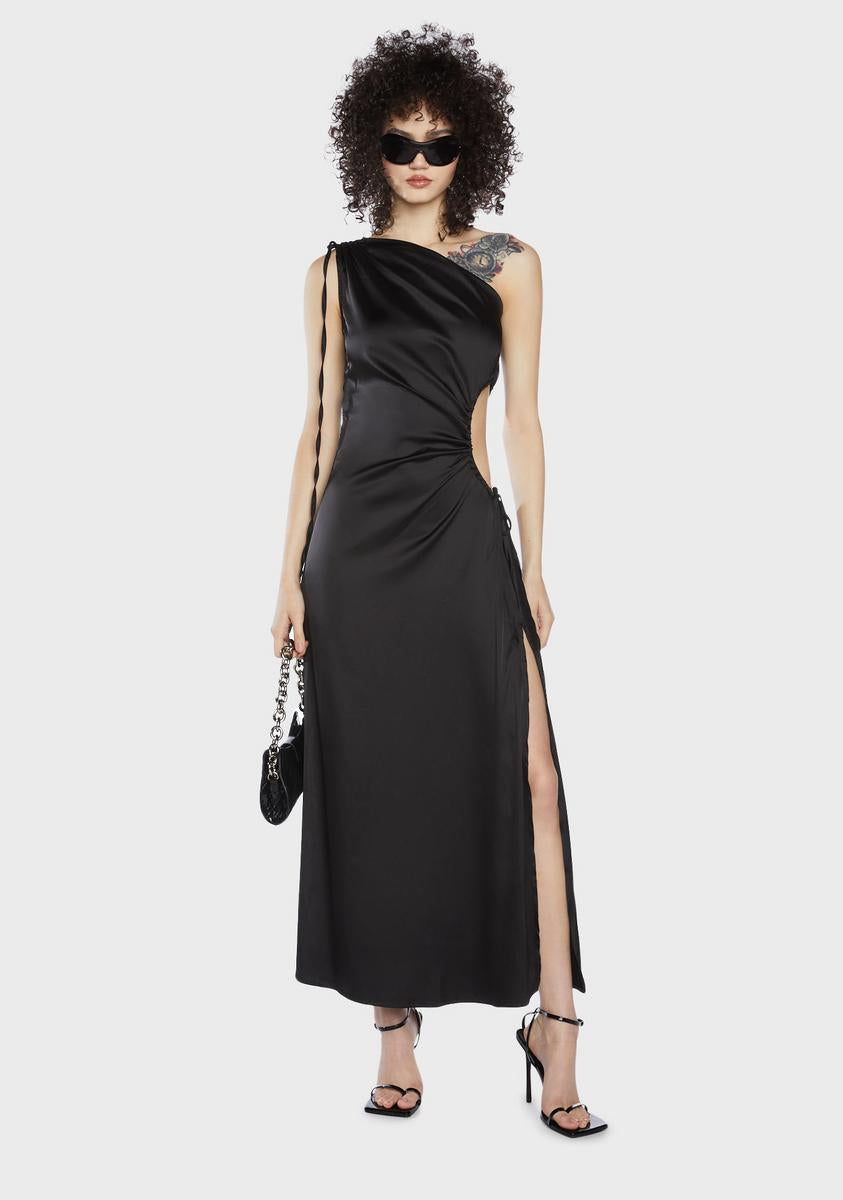 One Shoulder Satin Midi Dress - Black – Dolls Kill