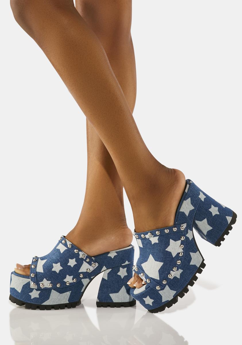 Delia's Star Print Studded Denim Platform Slides - Blue – Dolls Kill