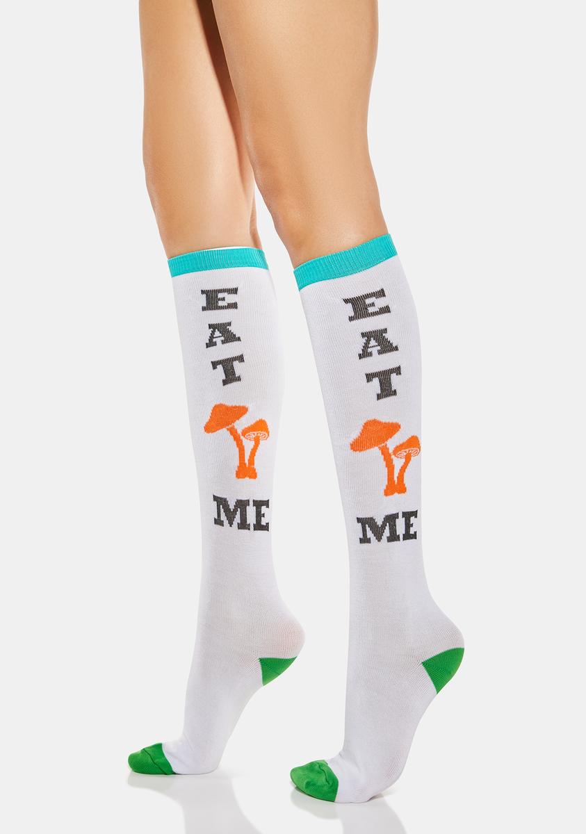 Eat Me Mushroom Print Knee High Socks - White/Multi – Dolls Kill