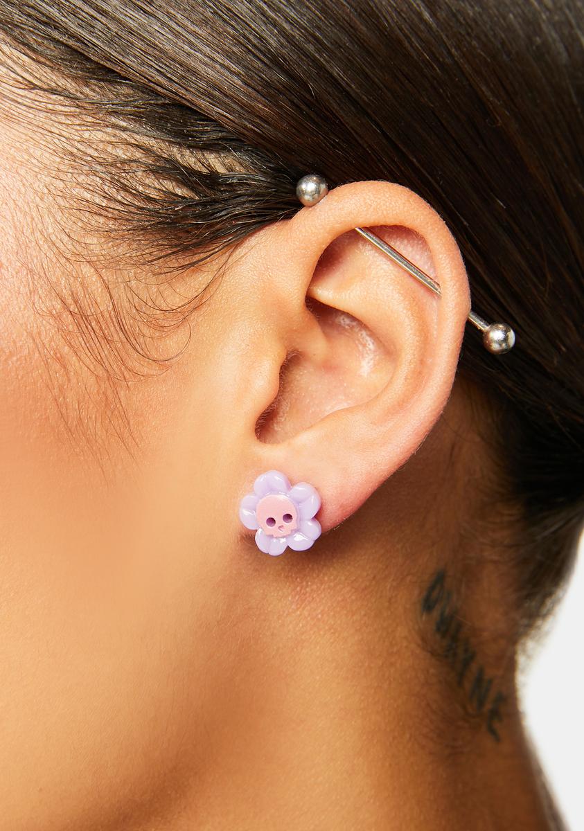 Flower Skull Stud Earrings - Purple – Dolls Kill