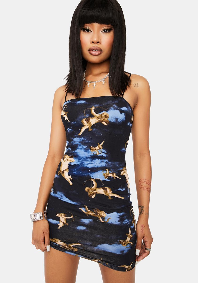 Cherub Print Bungee Strap Bodycon Mini Dress - Black – Dolls Kill