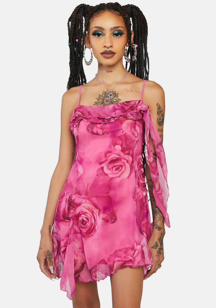 BADEE Chiffon Rose Print Ruffle Mini Dress - Pink – Dolls Kill