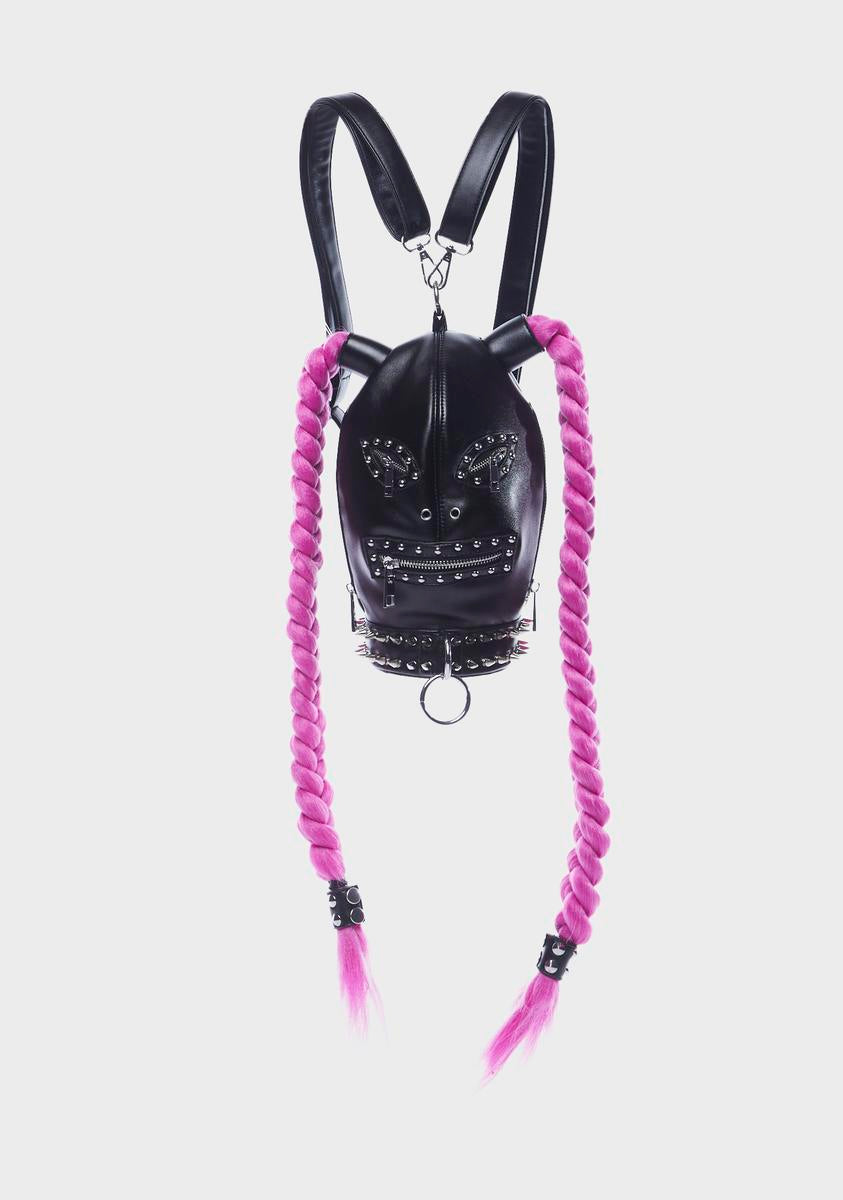 Current Mood Gimp Mask Backpack With Braids - Black/Pink – Dolls Kill