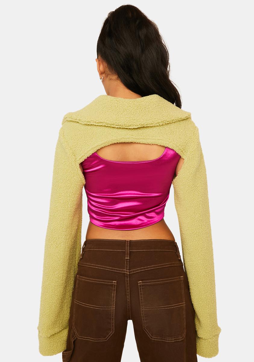 Large Collar Fuzzy Micro Crop Jacket - Green – Dolls Kill