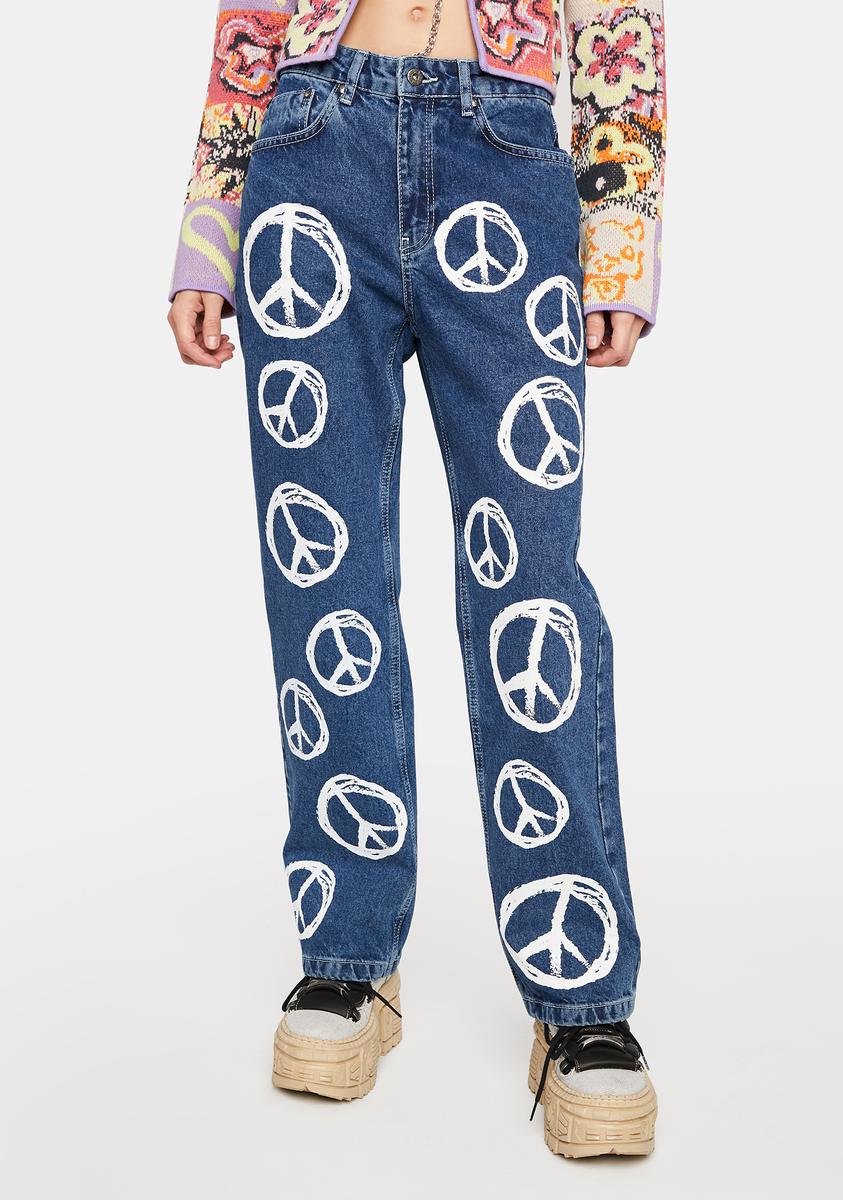 The Ragged Priest Peace Sign Low Rise Denim Jeans - Blue – Dolls Kill