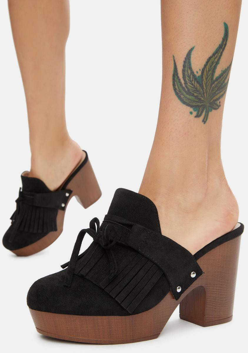 Platform Faux Suede Fringe Clogs - Black – Dolls Kill