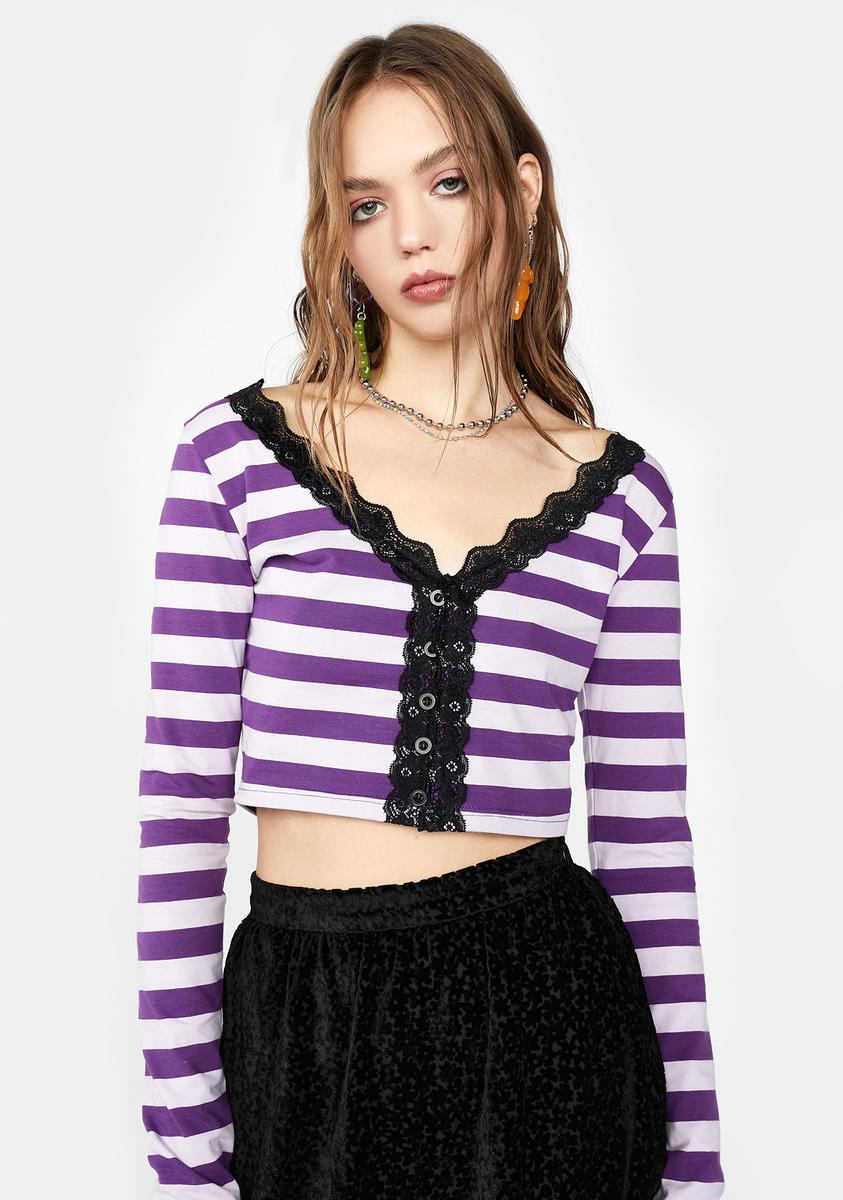 Delia's Striped V Neck Lace Trim Crop Top - Purple/Lavender – Dolls Kill
