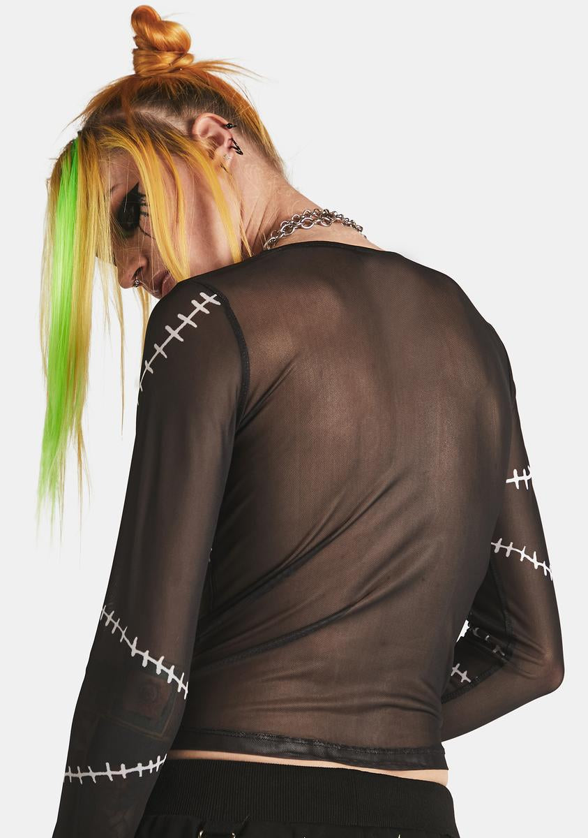 Dolls Kill X Broken Brainz Skull Print Stitching Mesh Top Black