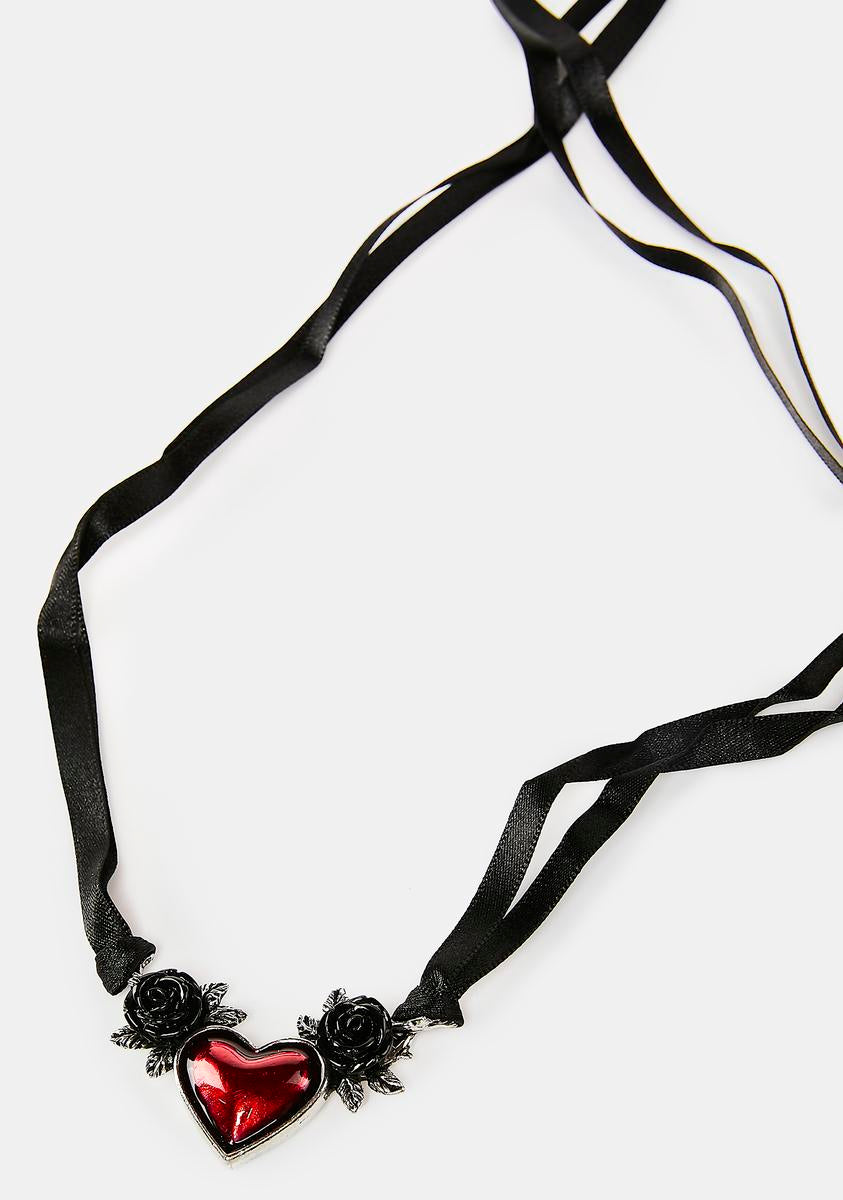 Alchemy England Pewter Heart Rose Charm Ribbon Necklace - Black/Red ...