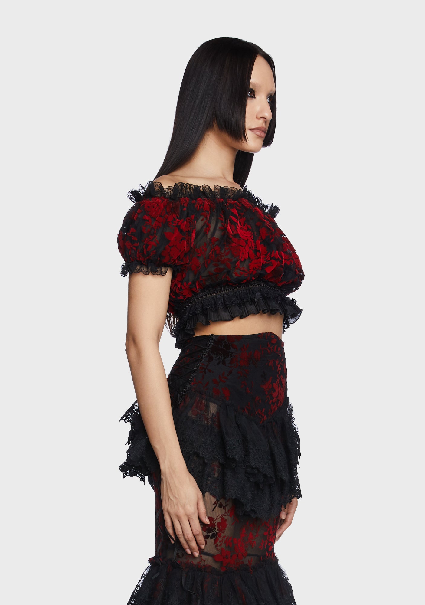 Punk Rave Puff Sleeve Mesh Flocked Top - Black/Red – Dolls Kill