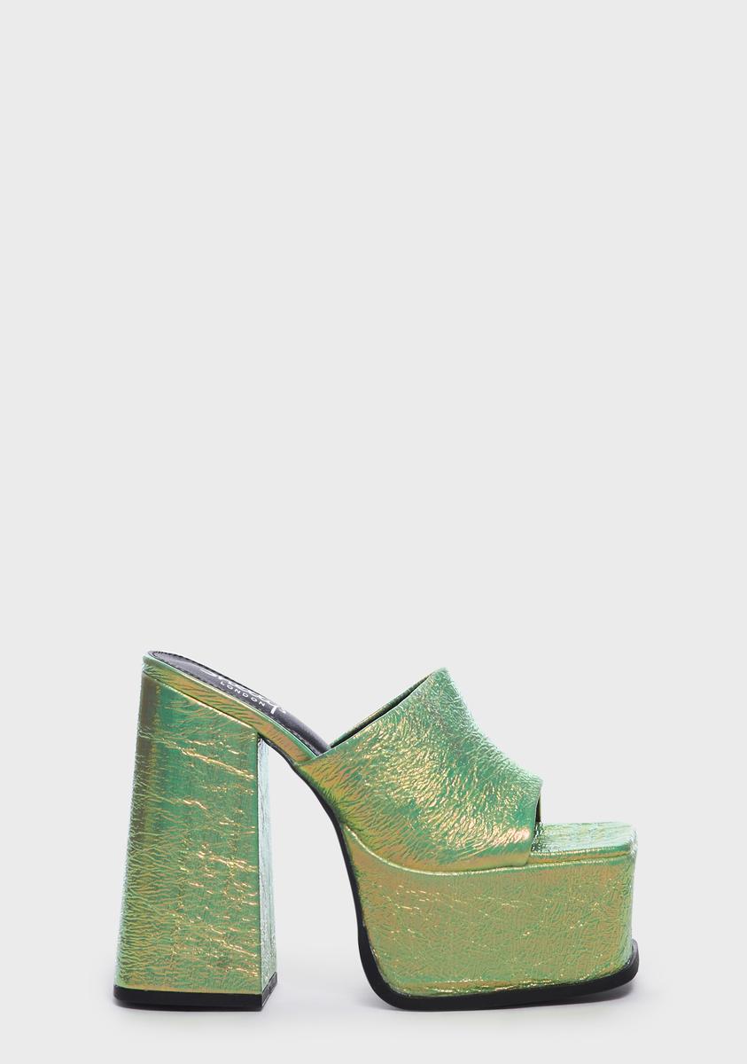 Shellys London Metallic Platform Heeled Mules - Lime – Dolls Kill