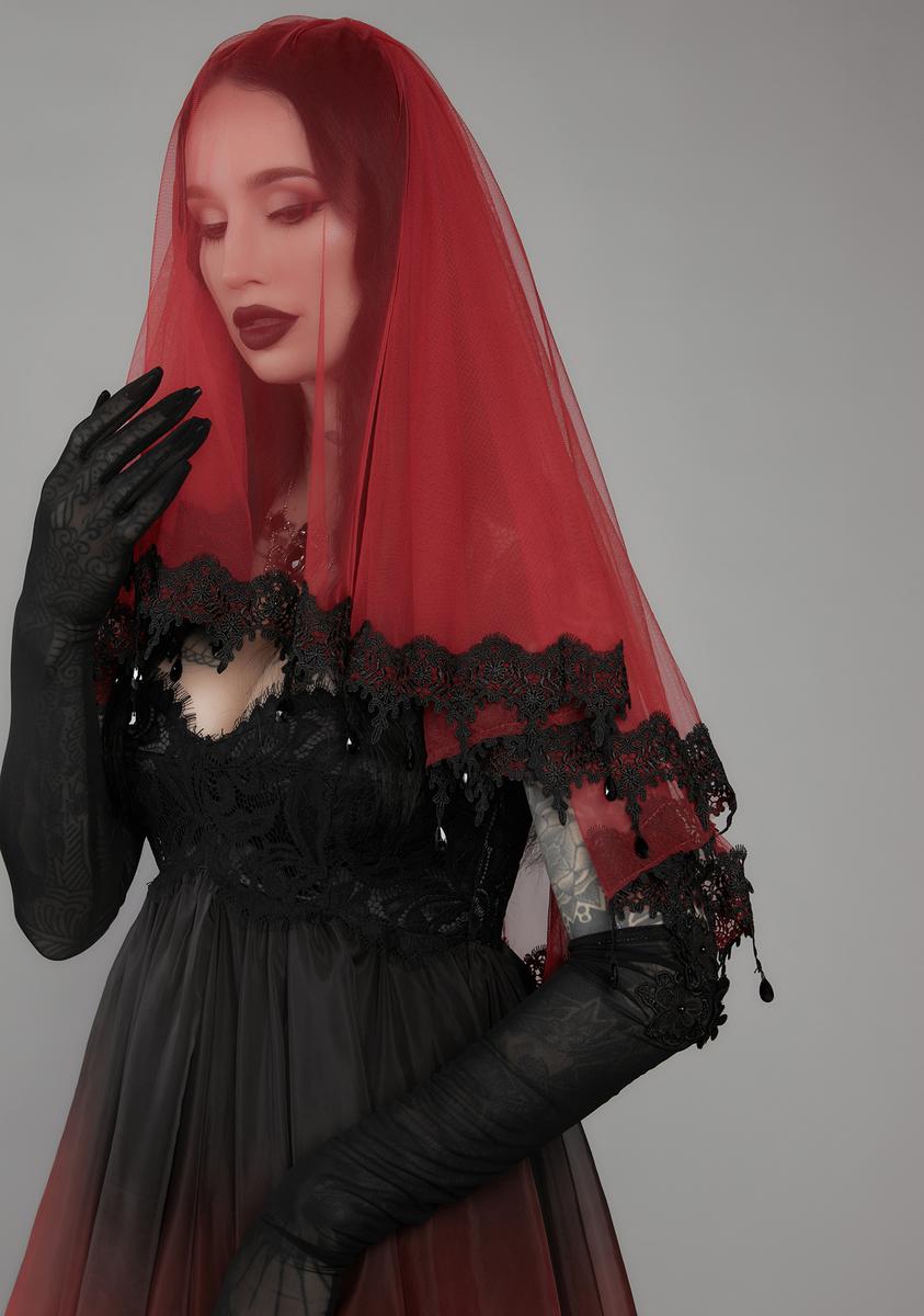 Unholy Sheer Veil With Fabric Lace Trim - Red/Black – Dolls Kill