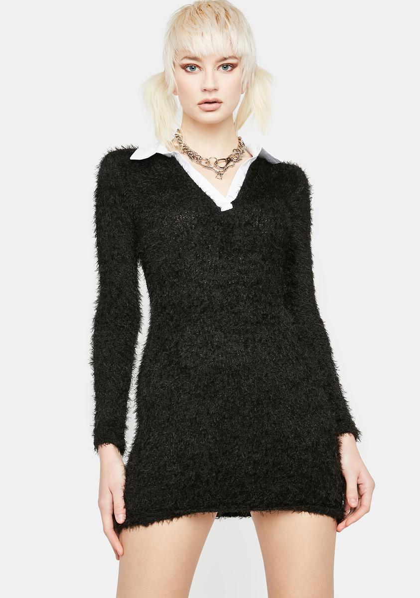 Fuzzy Contrast Collar Long Sleeve Bodycon Mini Dress Black – Dolls Kill