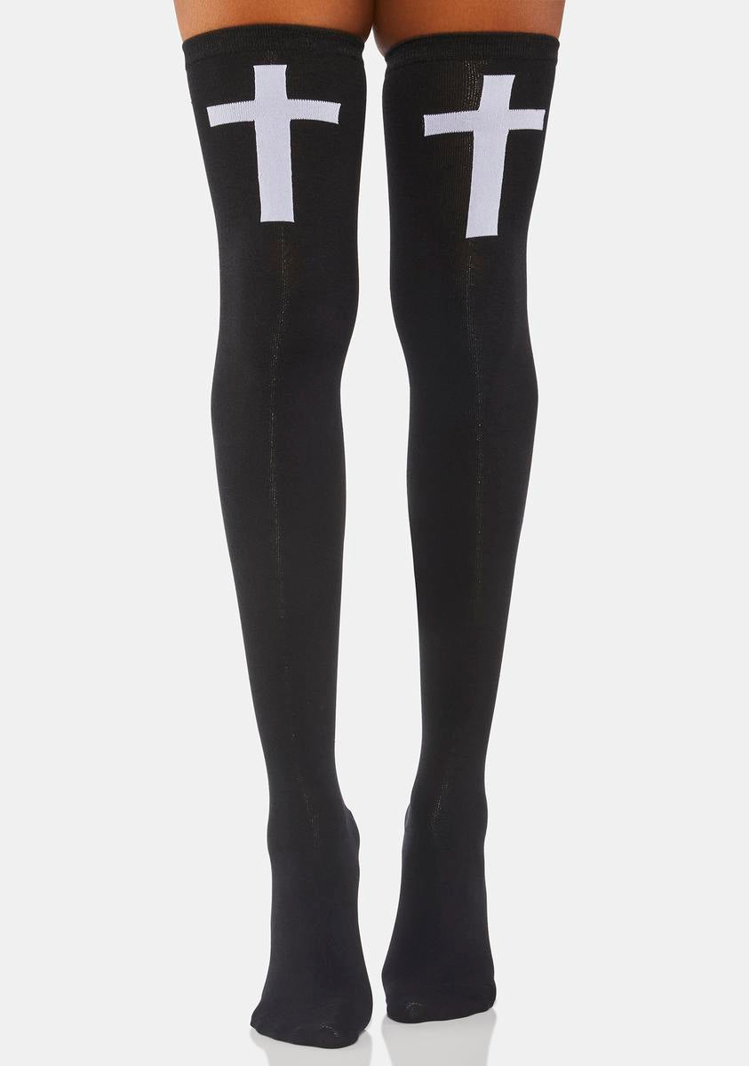 Cross Graphic Thigh High Socks - Black – Dolls Kill