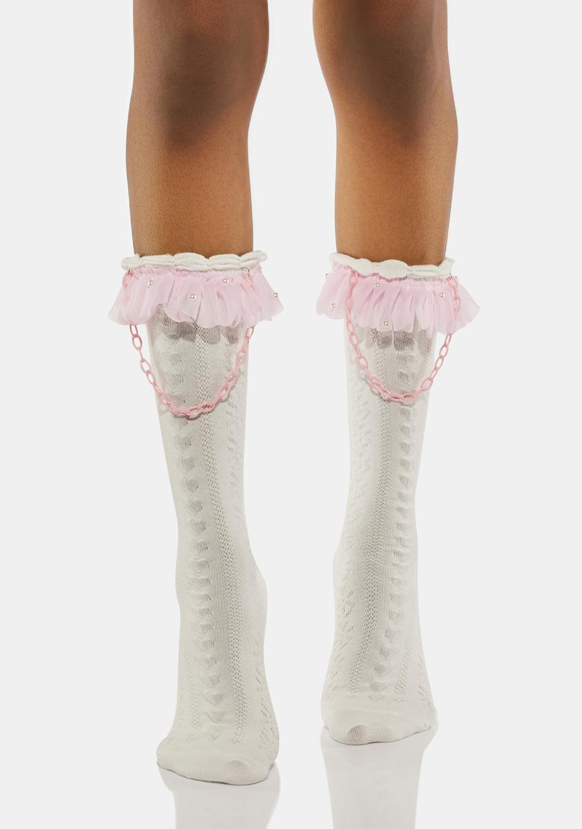 Lace Trim Crew Socks - White/Pink – Dolls Kill