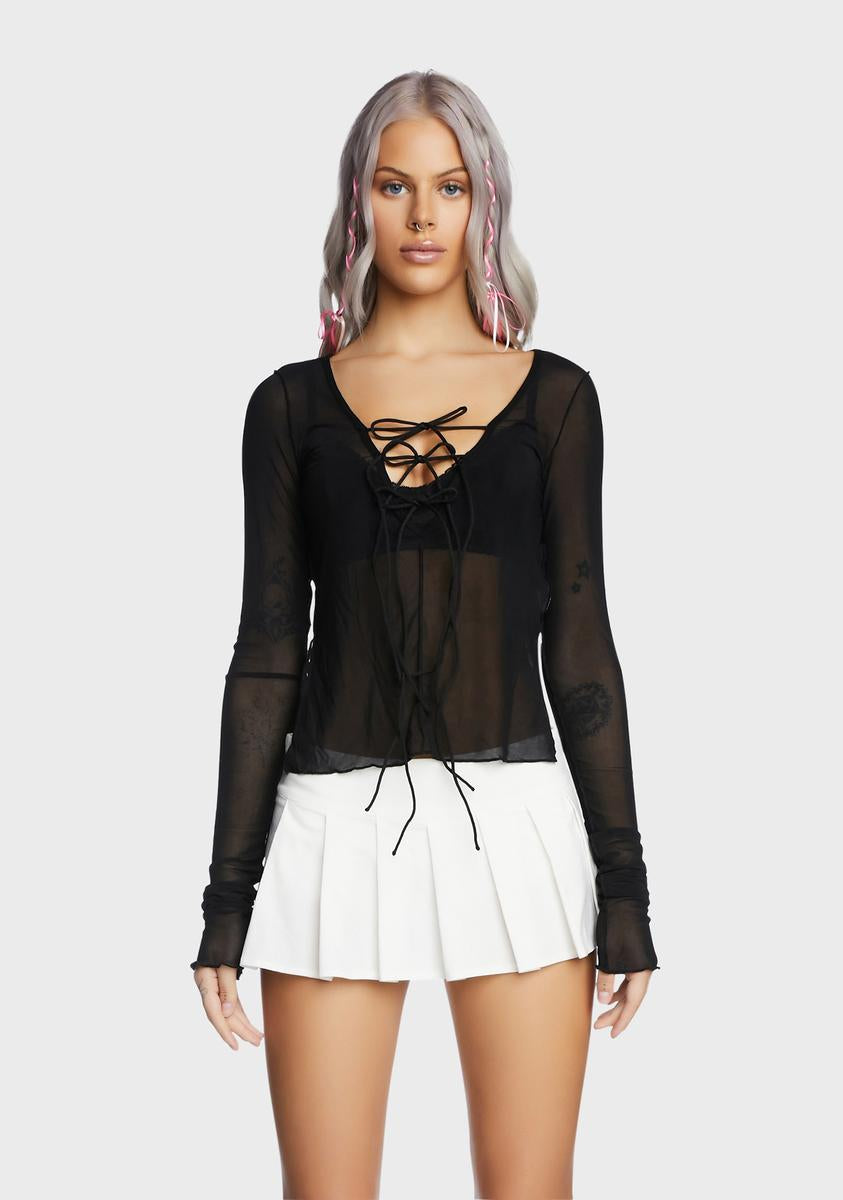 Sheer Mesh Lace Up Blouse - Black – Dolls Kill