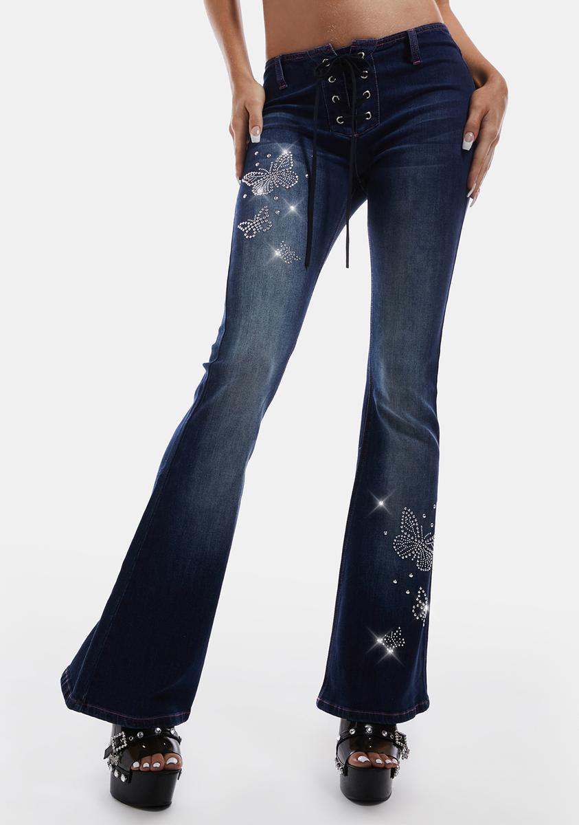 Generation Kiss Rhinestone Butterfly Low Rise Denim Flare Jeans - Blue ...