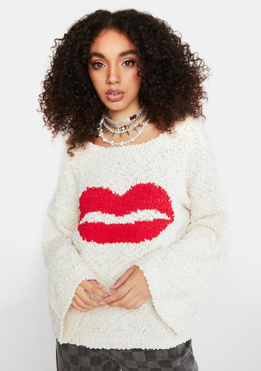 Lips Graphic Bell Sleeve Knit Sweater - Off White – Dolls Kill