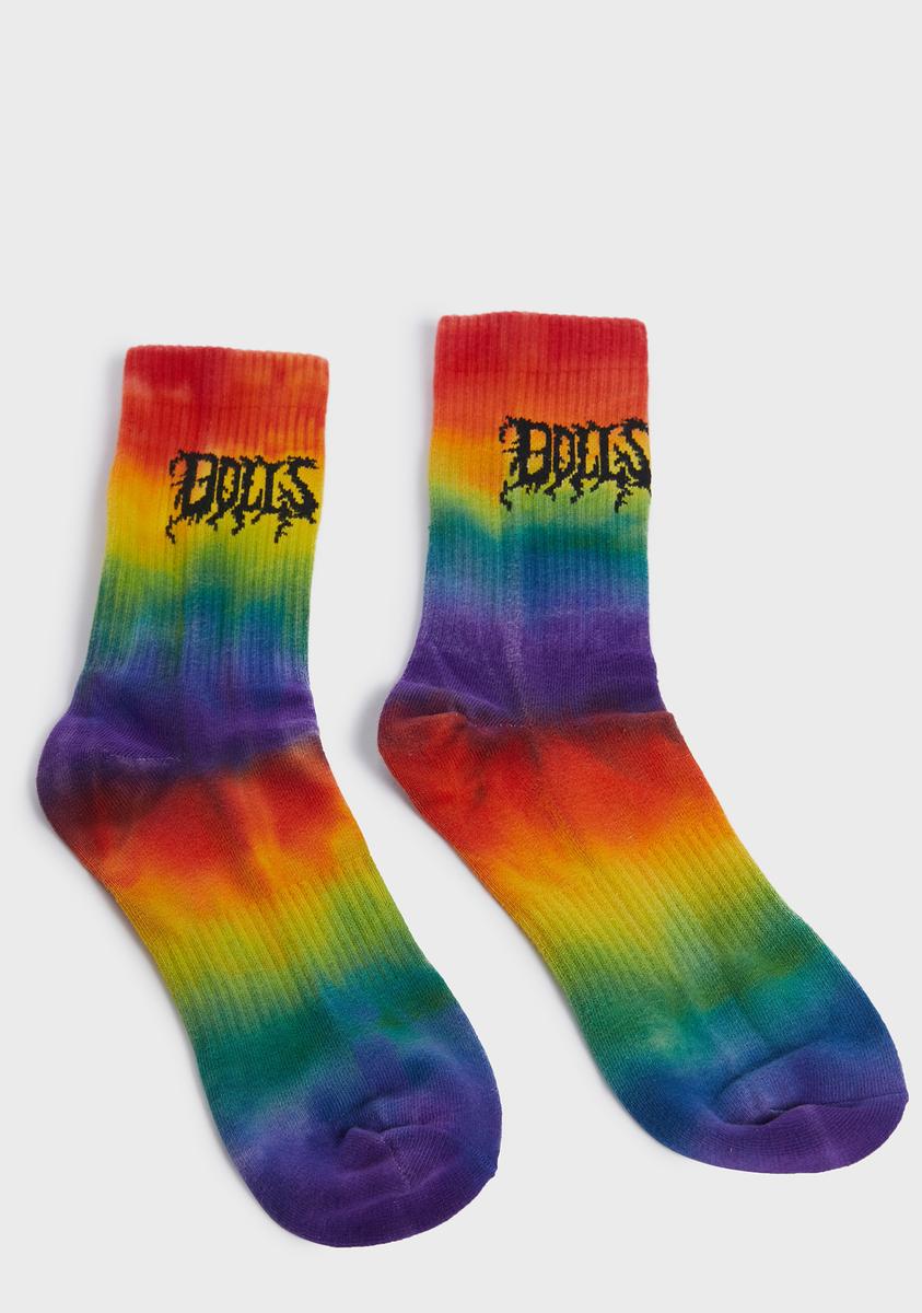 Dolls Kill Embroidered Logo Tie Dye Socks - Rainbow