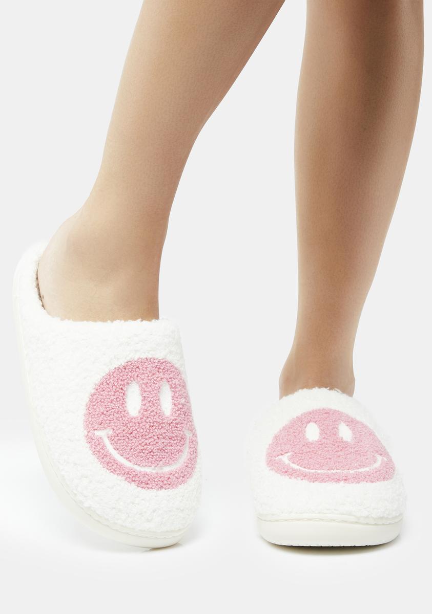 Public Desire Happy Face Fuzzy Slippers - Pink/White – Dolls Kill