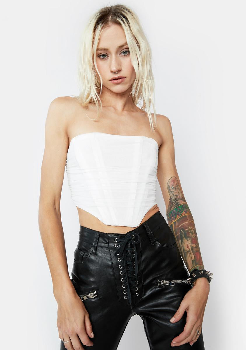 Gathered Mesh Asymmetrical Crop Corset Top - Off White – Dolls Kill