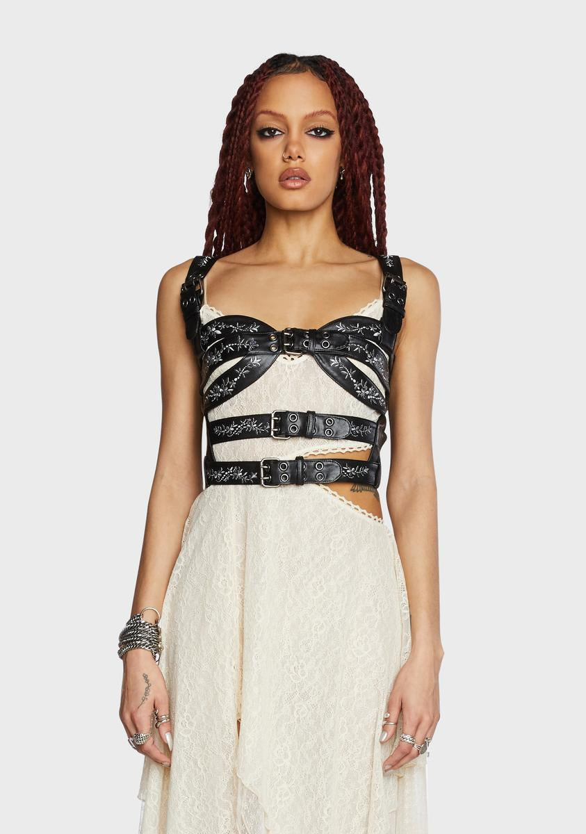 Current Mood Vegan Leather Embroidered Harness Top - Black – Dolls Kill