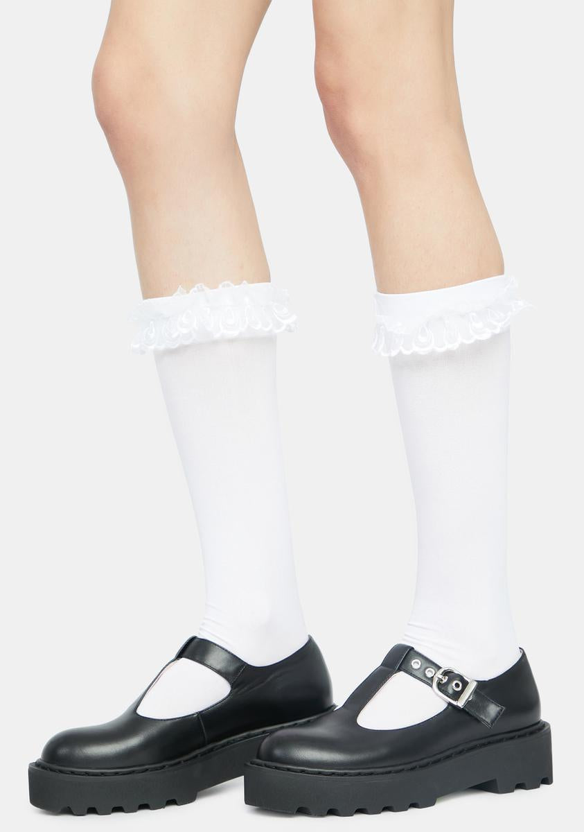 Lace Ruffle Opaque Knee High Socks - White – Dolls Kill