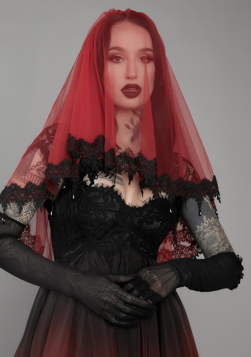 Unholy Sheer Veil With Fabric Lace Trim - Red/Black – Dolls Kill
