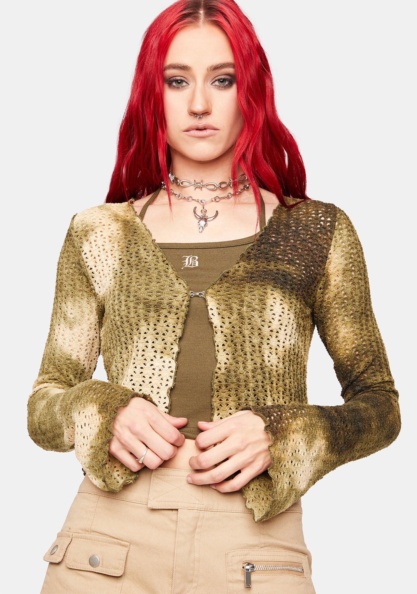 BADEE Lettuce Trim Netted Long Sleeve Cardigan Embroidered Tank Top Set ...