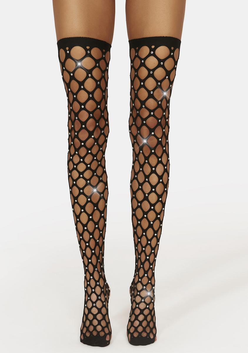 Fishnet Cutout Rhinestone Thigh-High Socks - Black – Dolls Kill