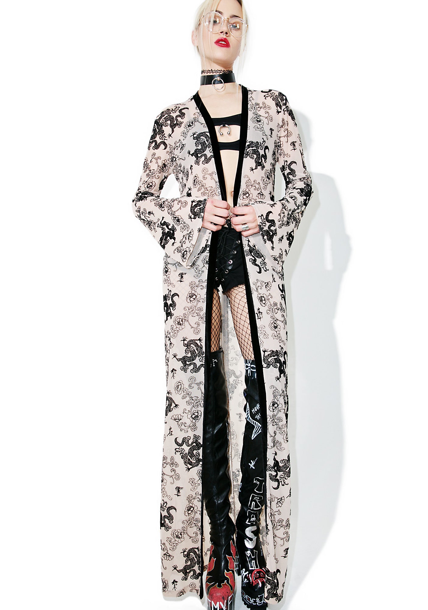Flock Print Mesh Maxi Kimono – Dolls Kill