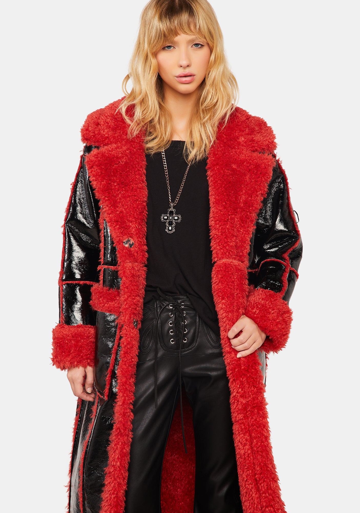 AZALEA WANG Patent Faux Shearling Coat - Black/Red – Dolls Kill