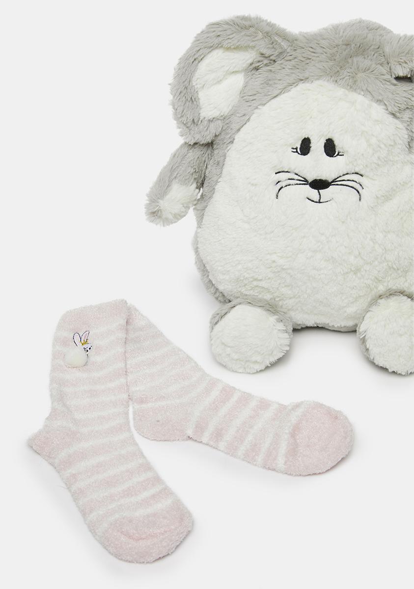 MeMoi Fuzzy Bunny Plush And Striped Crew Socks - Gray – Dolls Kill