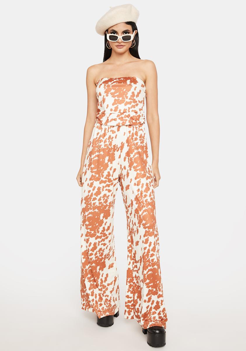 Cow Print Wide Leg Jumpsuit - Cream/Camel – Dolls Kill