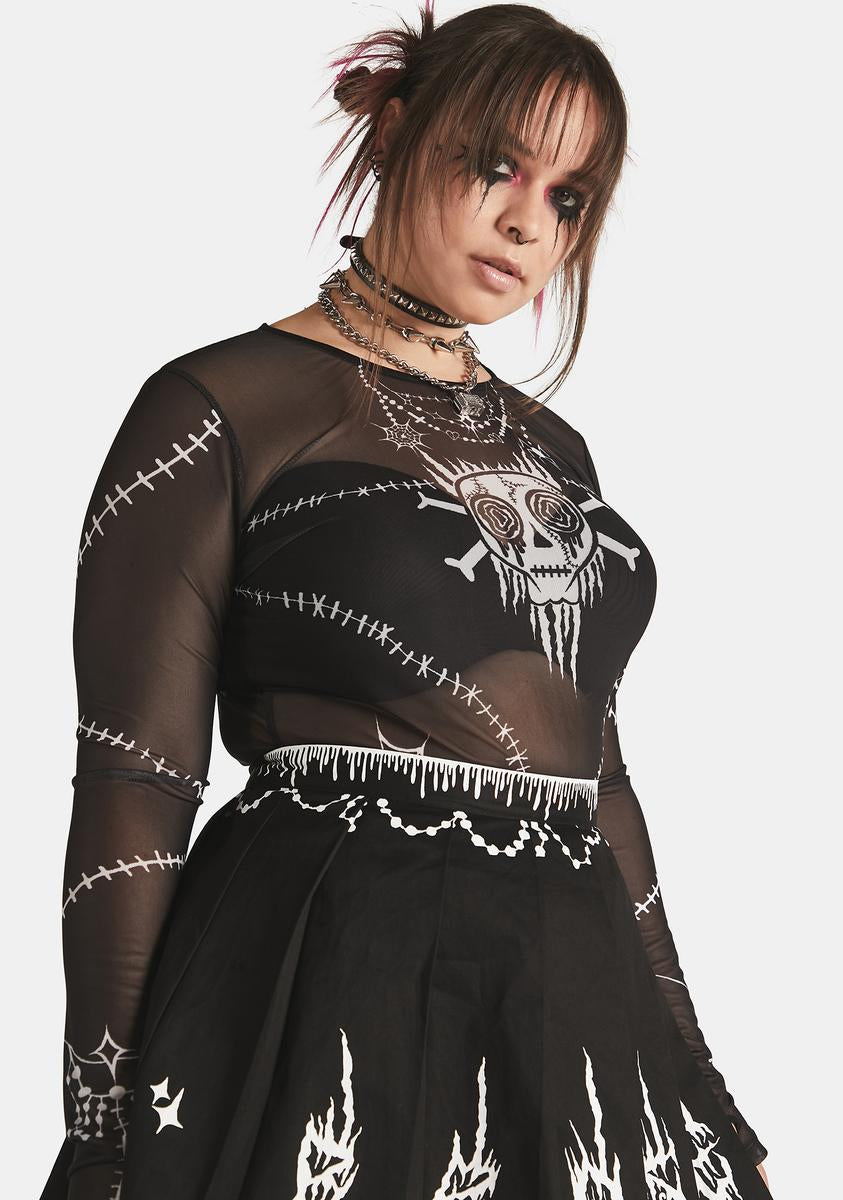 Plus Size Dolls Kill X Broken Brainz Skull Print Stitching Mesh Top - Black