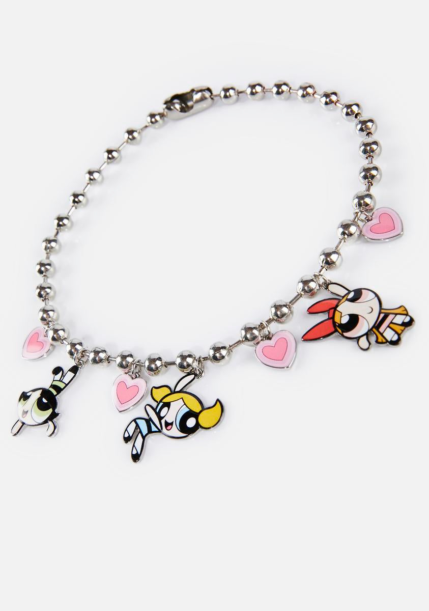 Dolls Kill x The Powerpuff Girls Ball Chain Heart Charm Choker Necklace