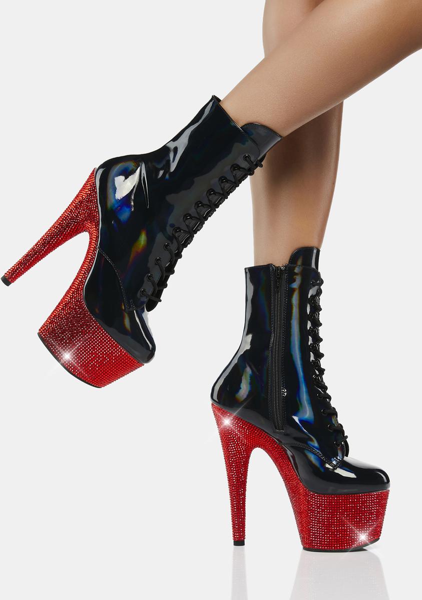 Pleaser Rhinestone Heeled Platform Stiletto Boots - Black Holographic ...