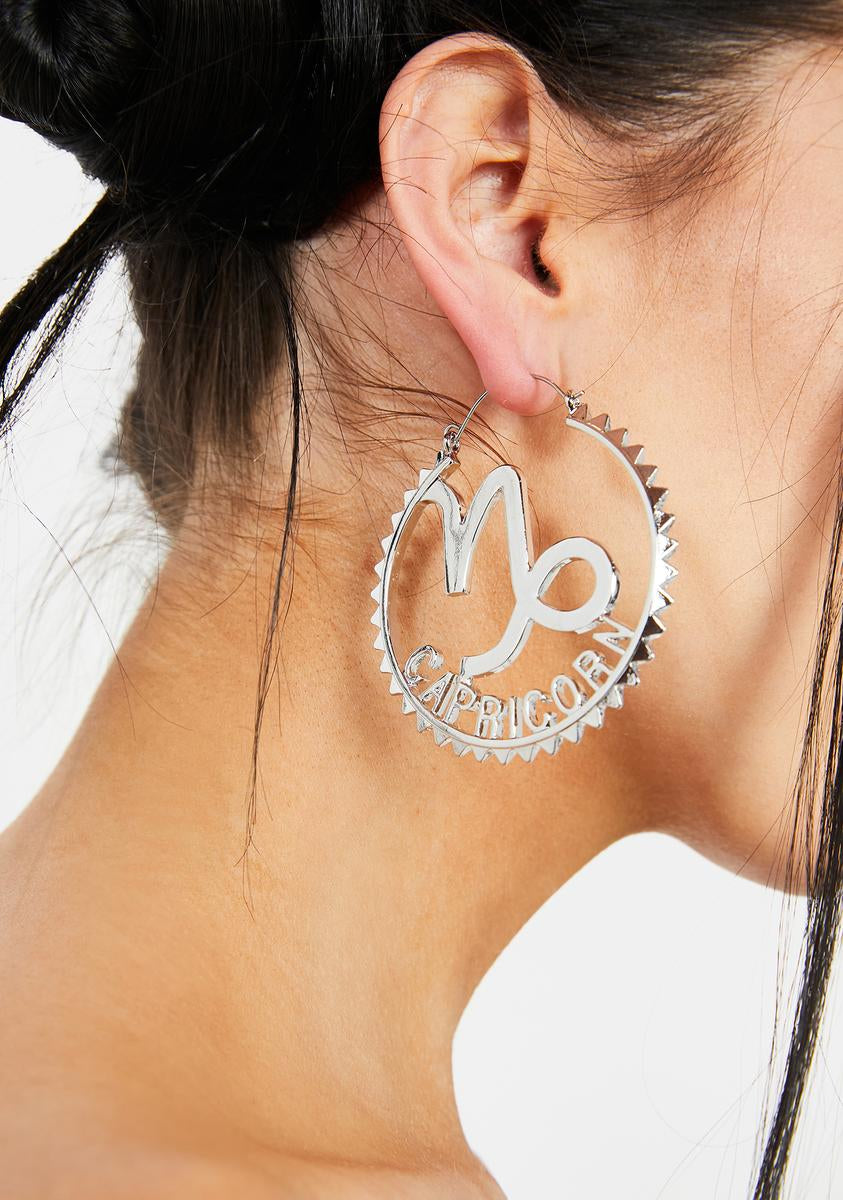 Capricorn Spiked Hoop Earrings - Silver – Dolls Kill