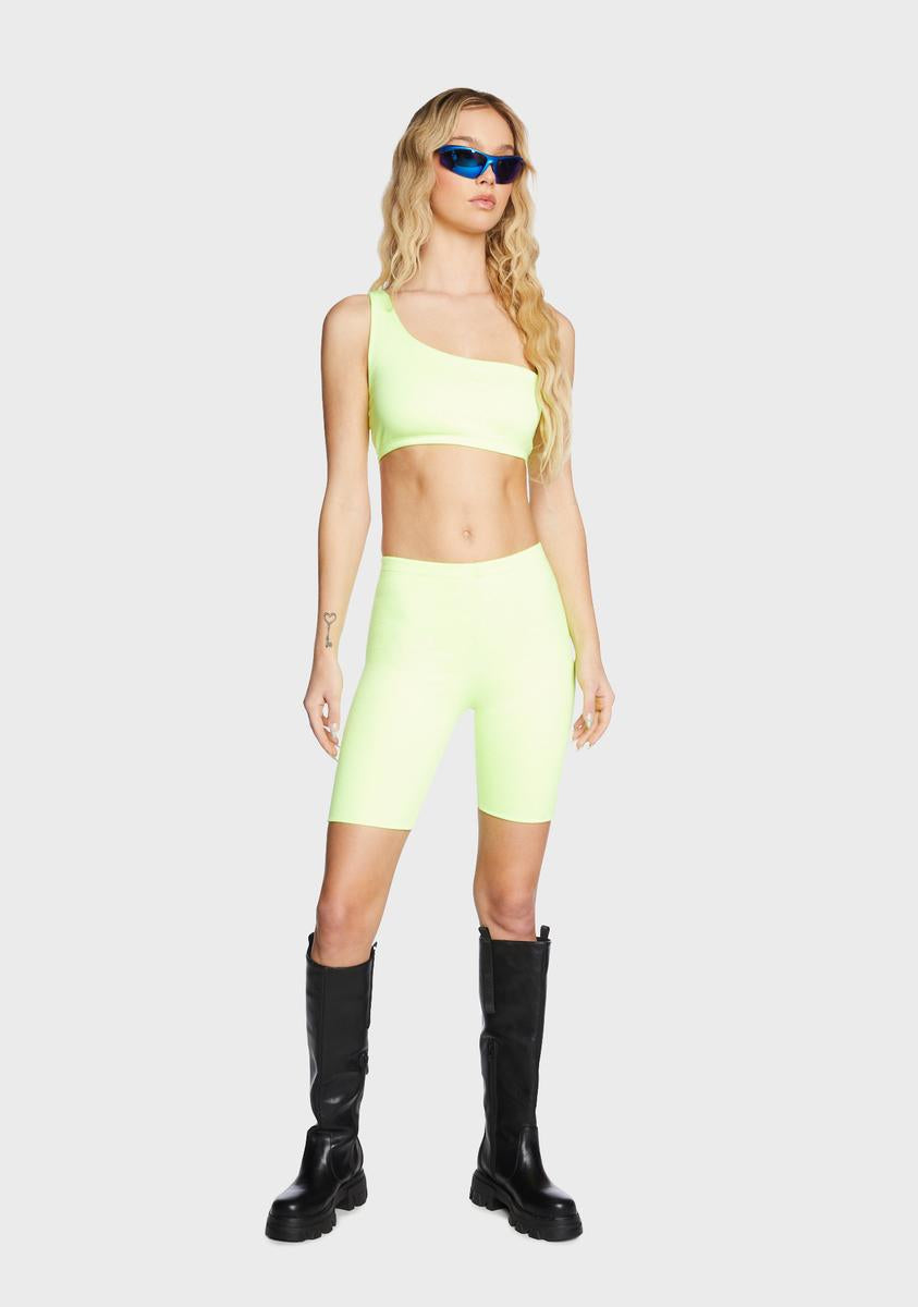 One Shoulder Crop Top Biker Short Set - Neon Yellow – Dolls Kill