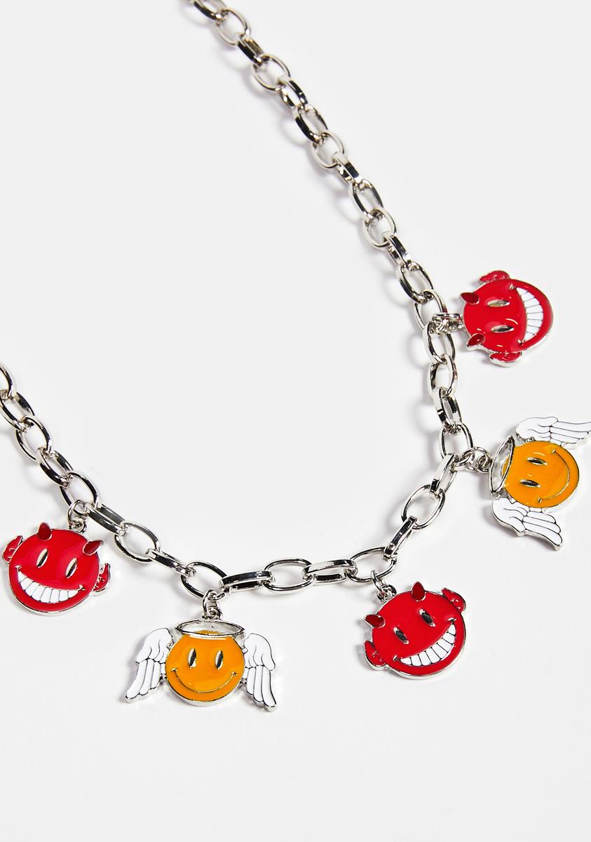 Devil And Angel Head Charm Chain Necklace - Silver/Red/Yellow – Dolls Kill