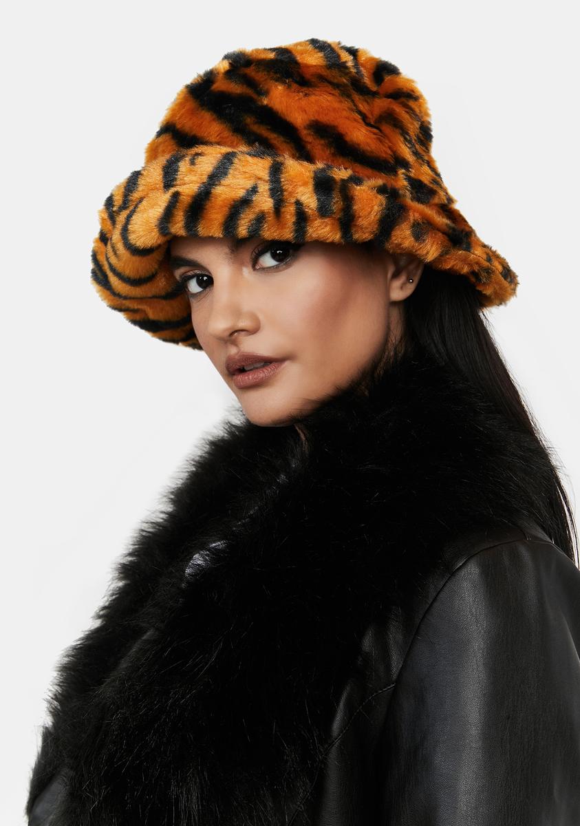 Faux Fur Bucket Hat - Orange/Black/Tiger Print – Dolls Kill