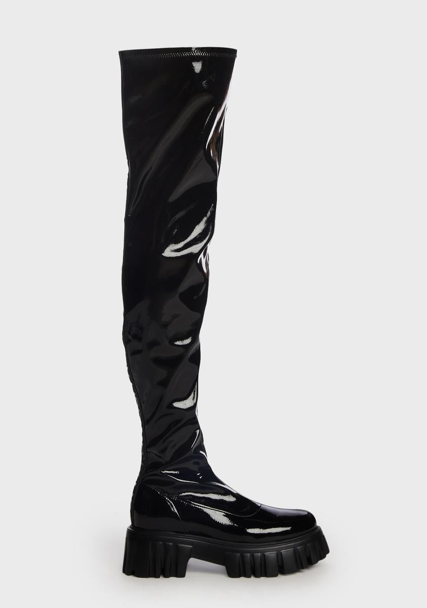 Buffalo Patent Vegan Leather Thigh High Boots - Black – Dolls Kill