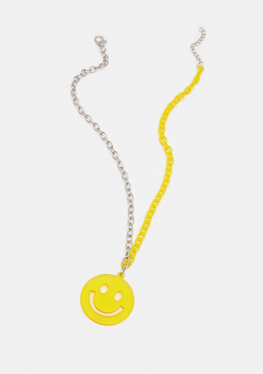 Two Tone Smiley Face Chain Necklace - Yellow/Silver – Dolls Kill