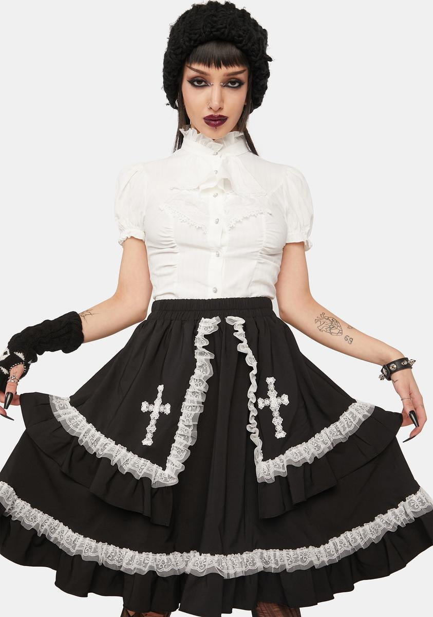 Dark In Love Tiered Lace Cross Apron Skirt - Black/White – Dolls Kill