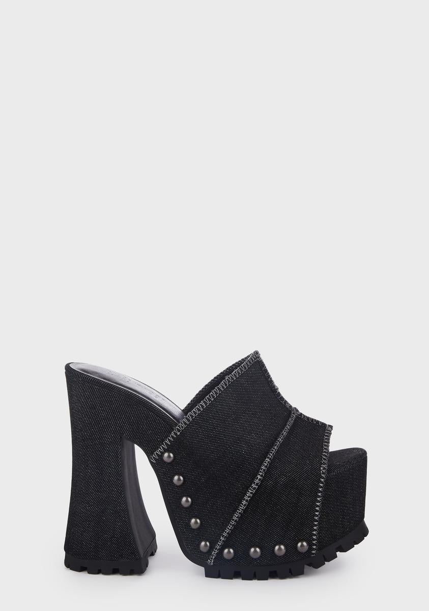 Current Mood Denim Platform Mule Heels - Black – Dolls Kill