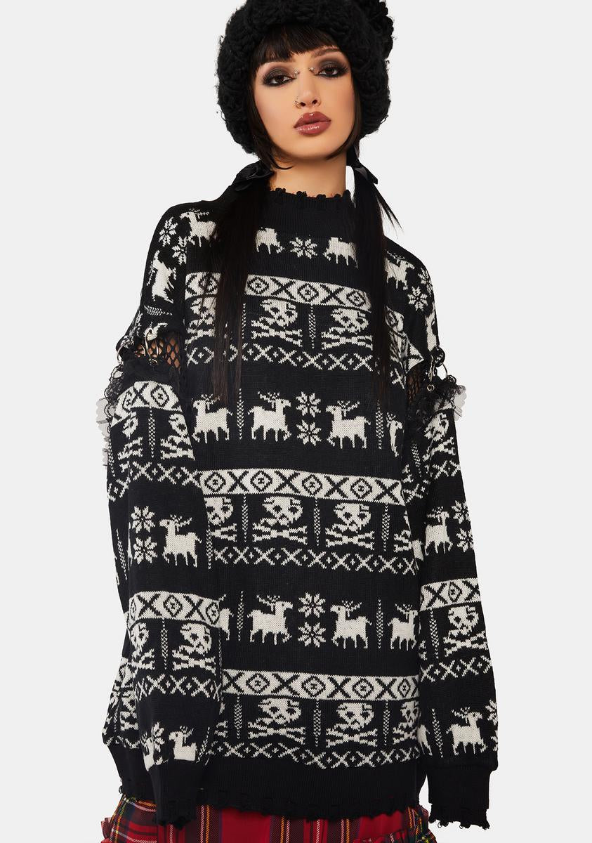 Punk Rave Fair Isle Skull Deer Print Pullover Sweater - Multi – Dolls Kill